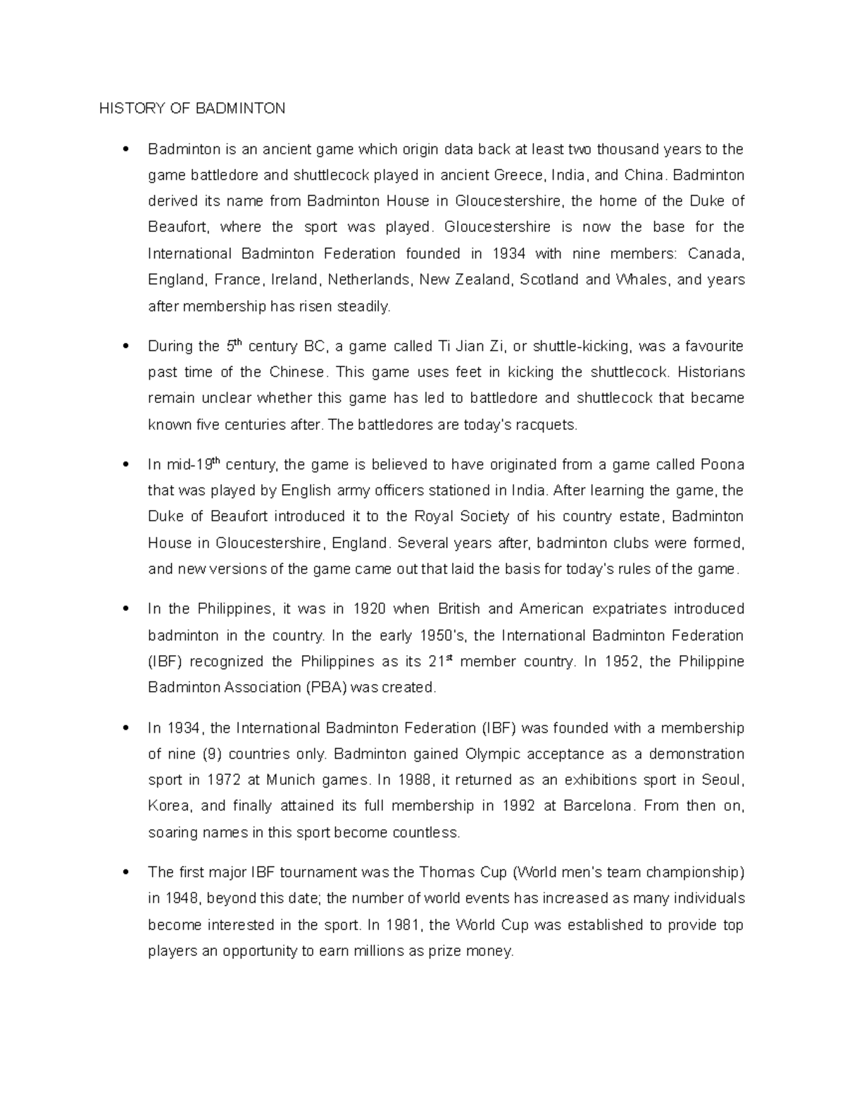 History of Badminton: Overview and Game Fundamentals (PHY ED 2.1) - Studocu