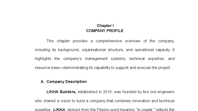 Chapter I: Company Profile of LIKHA Builders (Course Code: 101) - Studocu