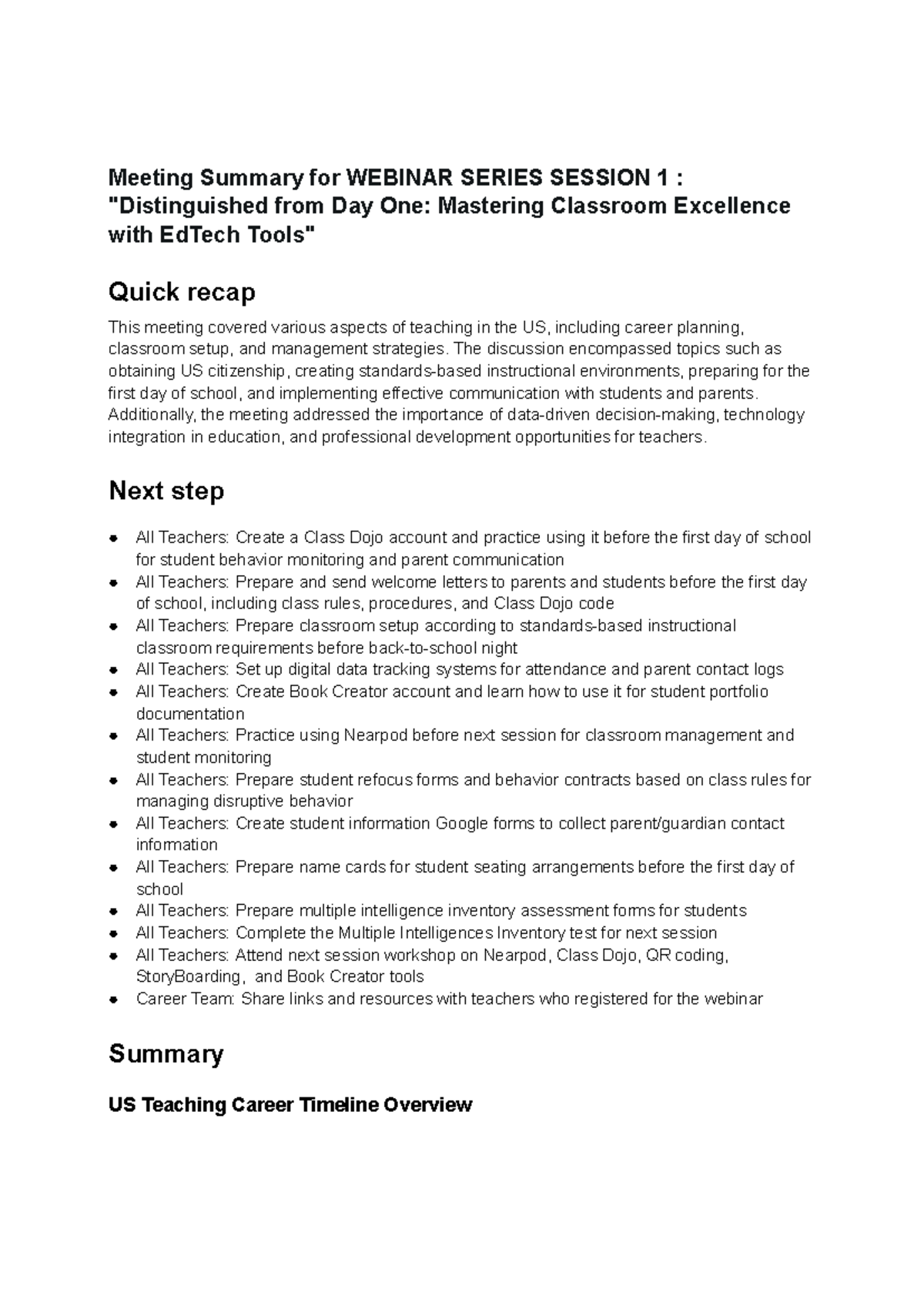 WEB 101: Meeting Summary - Mastering Classroom Excellence Session 1 ...