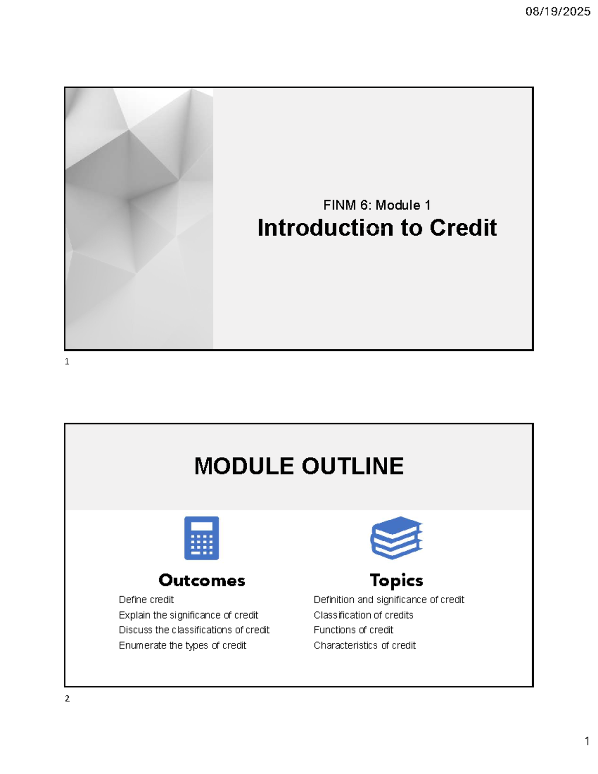 FINM 6: Module 1 - Introduction to Credit Overview and Key Concepts ...