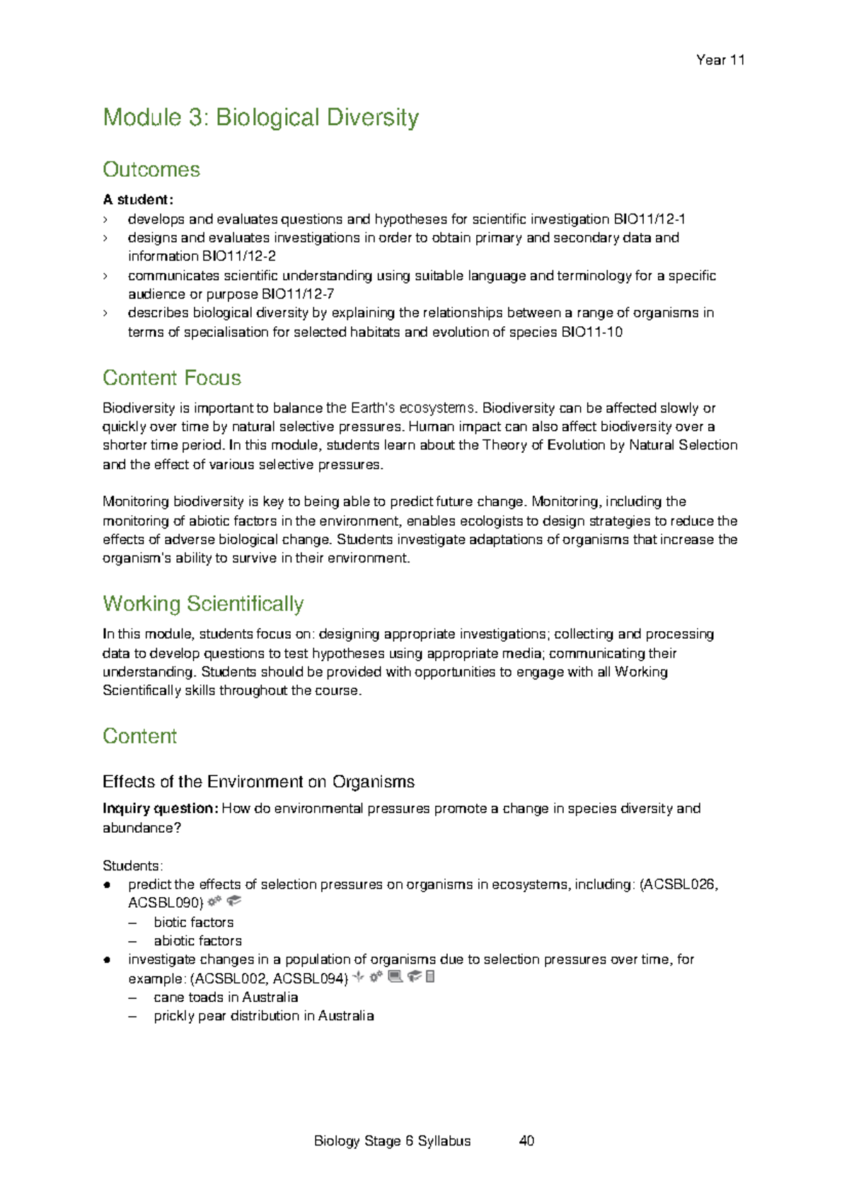 Year 11 Biology Module 3: Biological Diversity Syllabus - Studocu