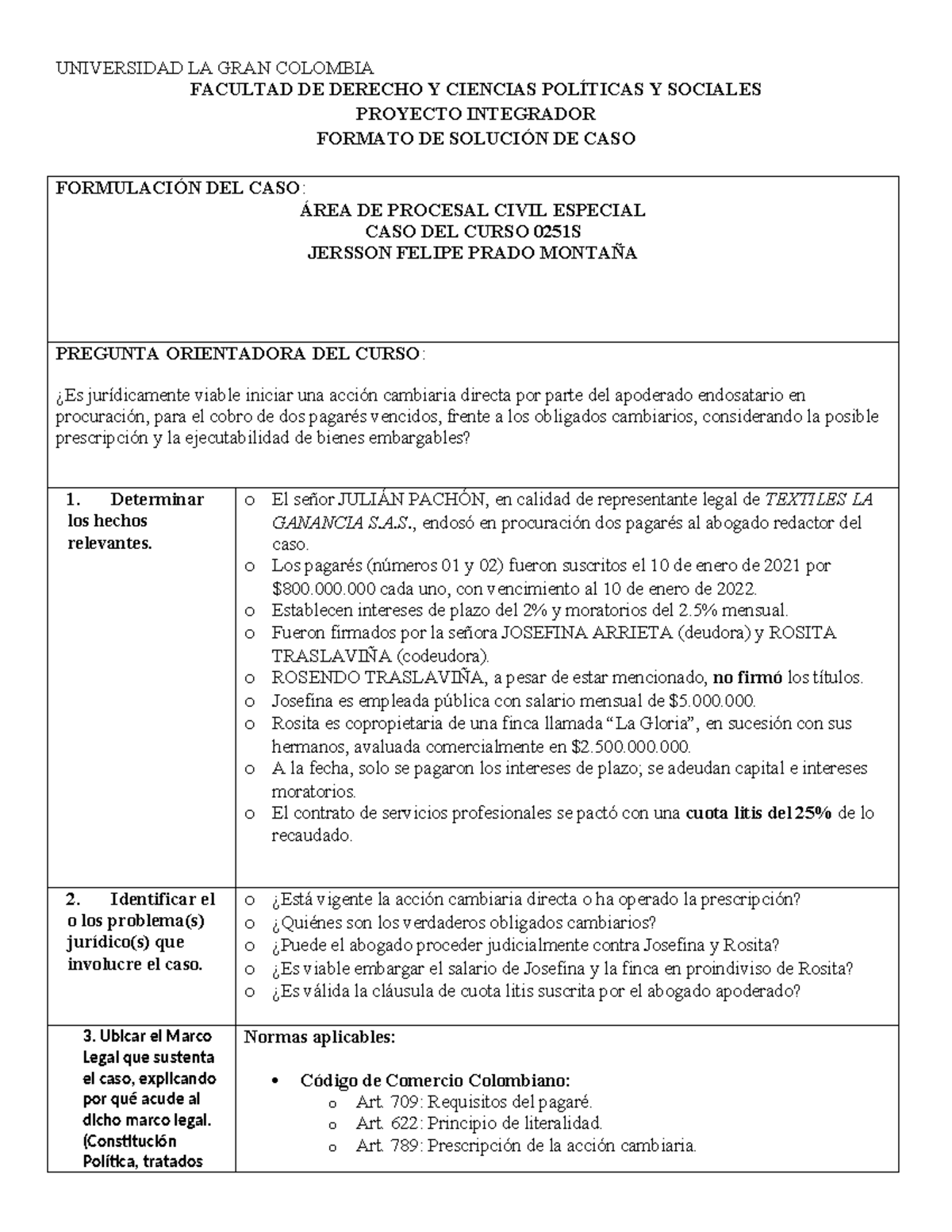 Proyecto Integrador 0251S: Resolución de Caso en Derecho Procesal Civil - Studocu