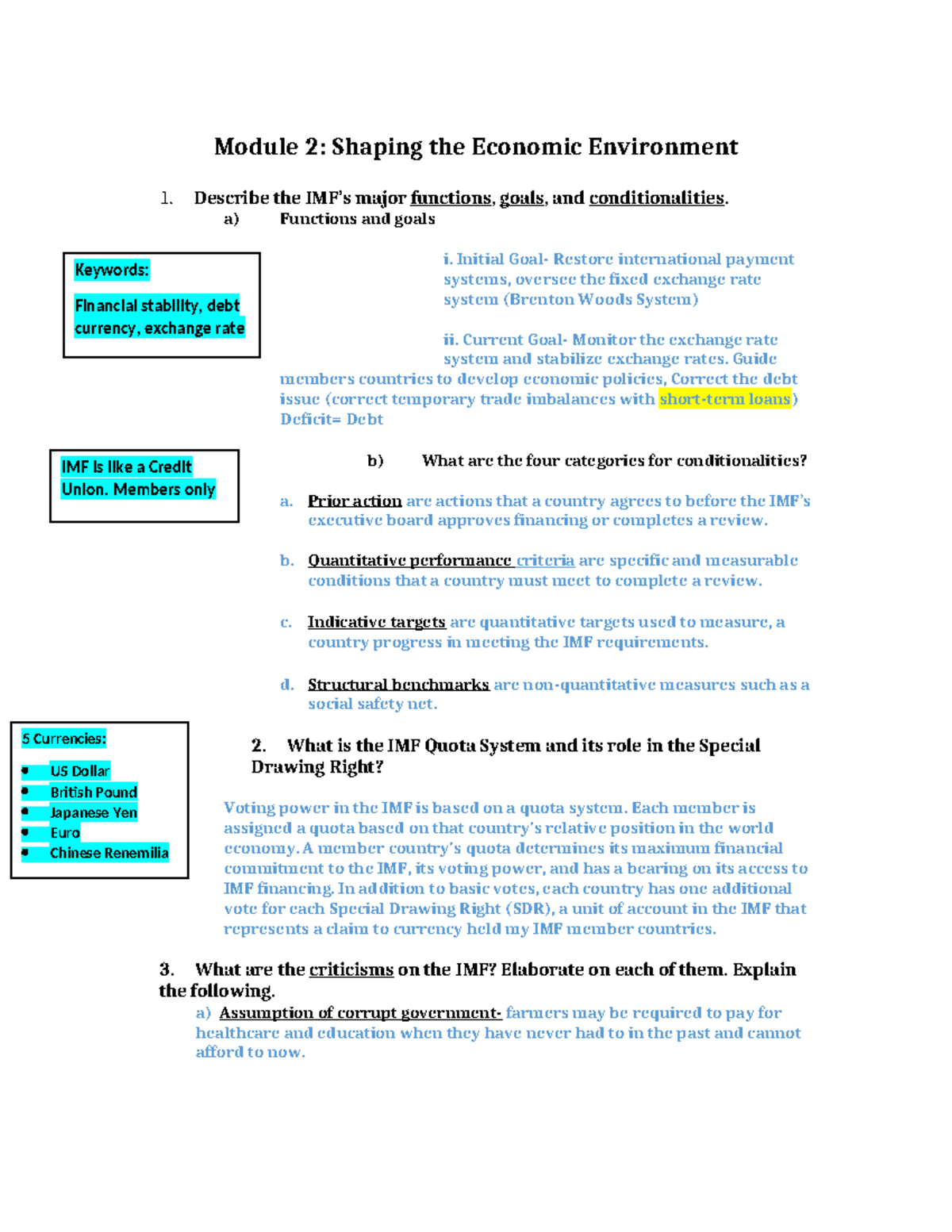 Module 2- Study Guide Questions - Module 2: Shaping the Economic Environment 1. Describe the IMF ...