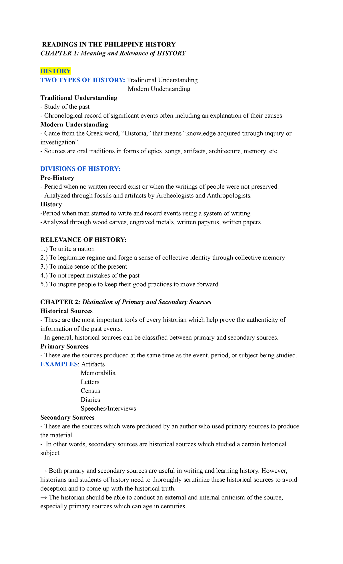 READINGS IN PHILIPPINE HISTORY (RPH) CHAPTER 1-2: Key Concepts and ...