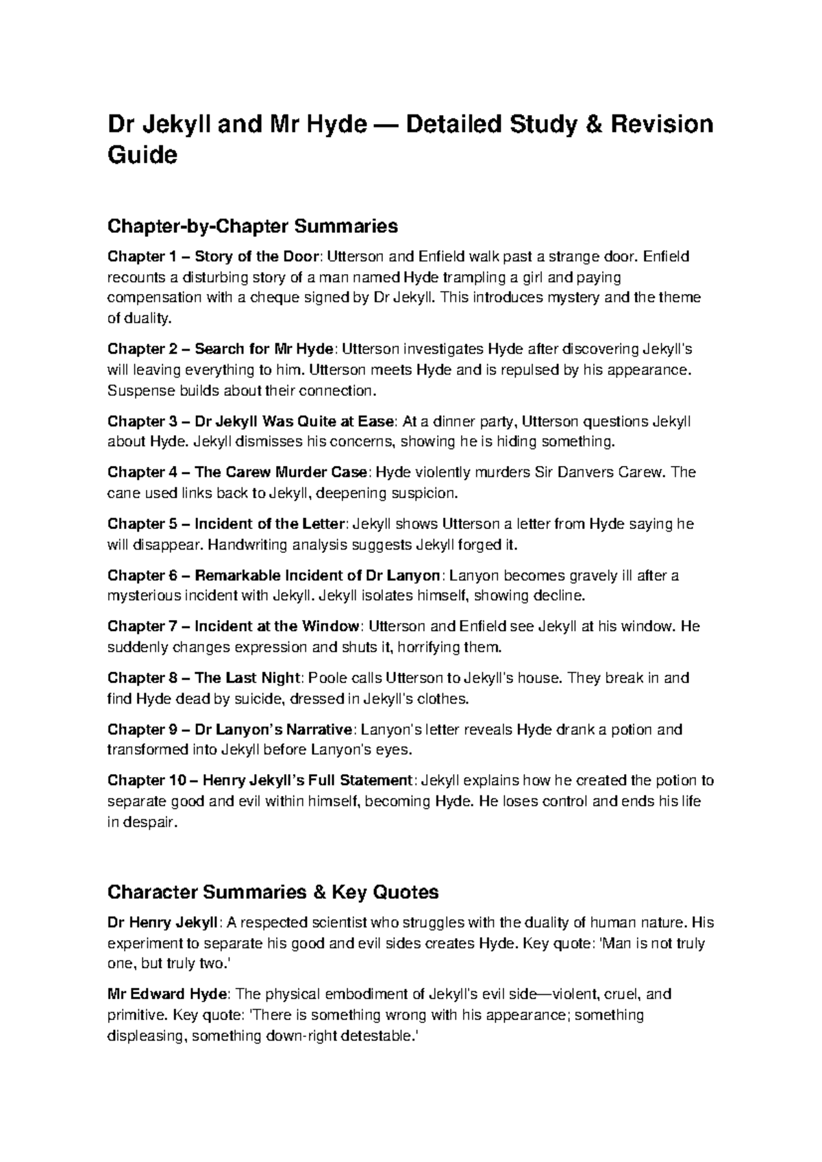 Jekyll and Hyde (ENG 101) Detailed Chapter Revision Guide - Studocu