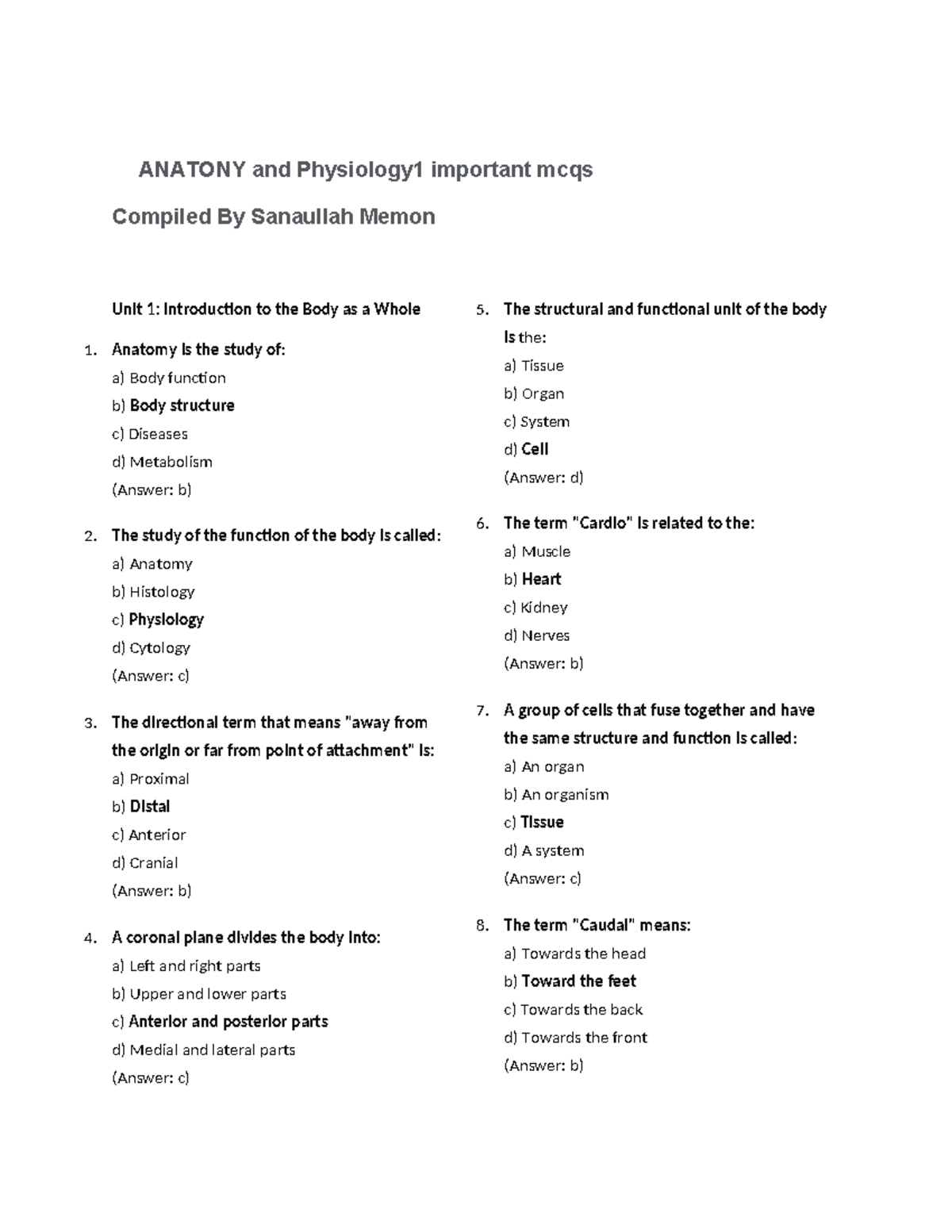 AP1 Important MCQs: Anatomy & Physiology Unit 1-6 Notes - Studocu