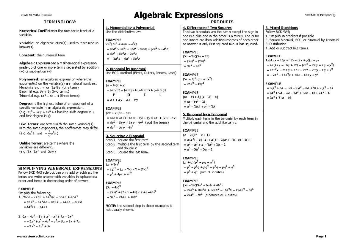 Grade 10 Maths: Algebraic Expressions and Simplification - Studocu