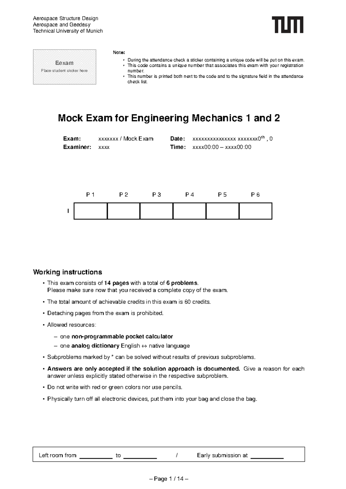 Mock Exam for Engineering Mechanics 1 & 2 - Aerospace Structure Design ...