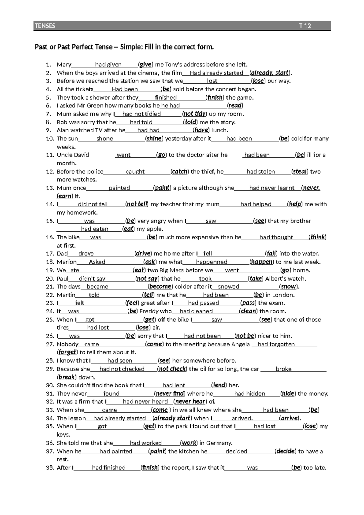 Past perfect worksheet - Past or Past Perfect Tense – Simple: Fill in ...