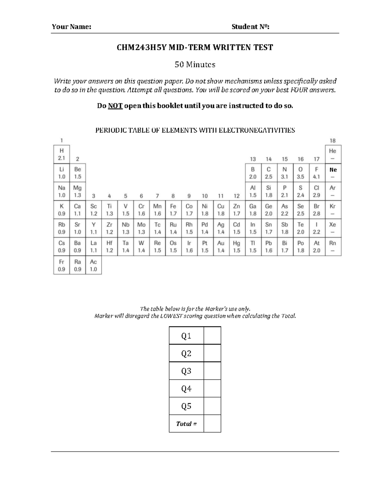 CHM243H5Y Final Exam Written Test with Periodic Table - Studocu
