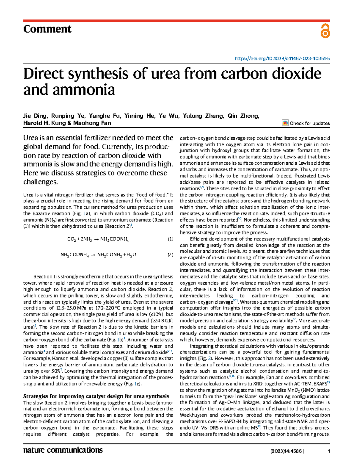 Direct Synthesis of Urea from CO2 and NH3: Strategies and Challenges ...