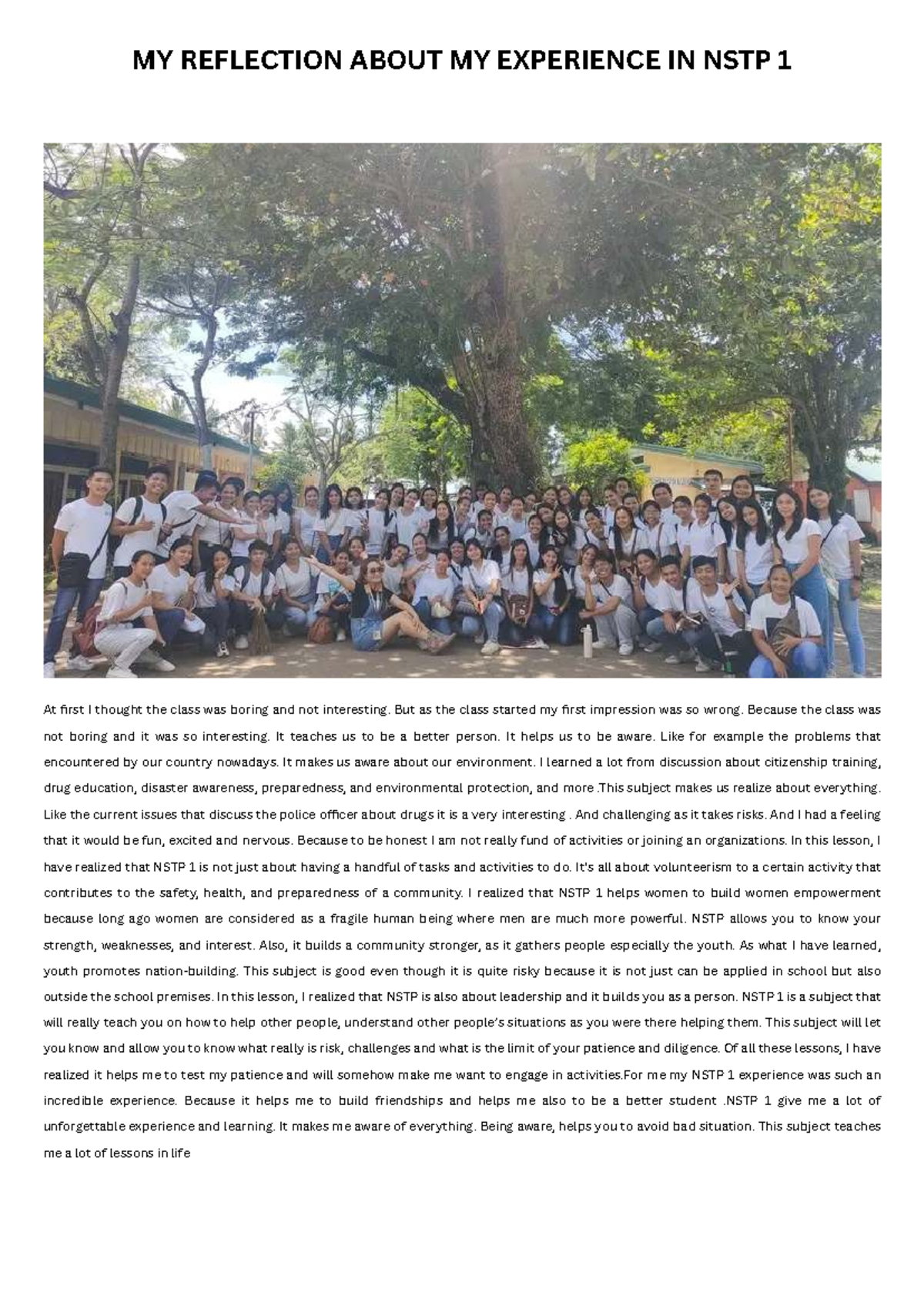 Reflection on My NSTP 1 Experience: Growth, Challenges, and Lessons ...