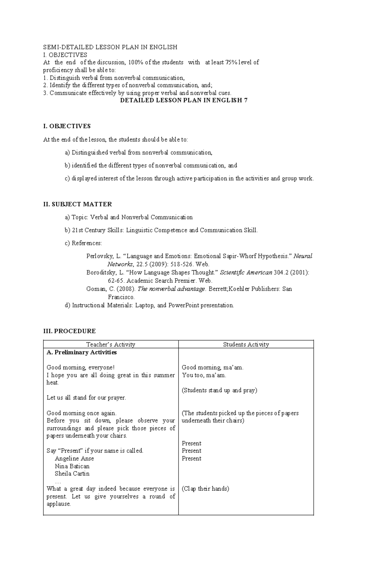 DLP JHS - Semi-Detailed Lesson Plan on Verbal & Nonverbal Communication ...