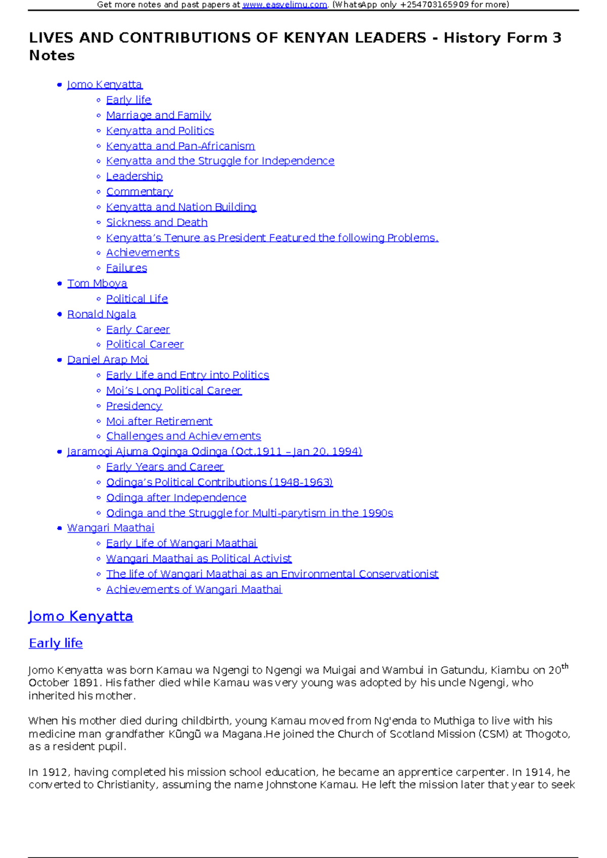 646 - Lives of Influential Kenyan Leaders - History Form 3 Notes - Studocu