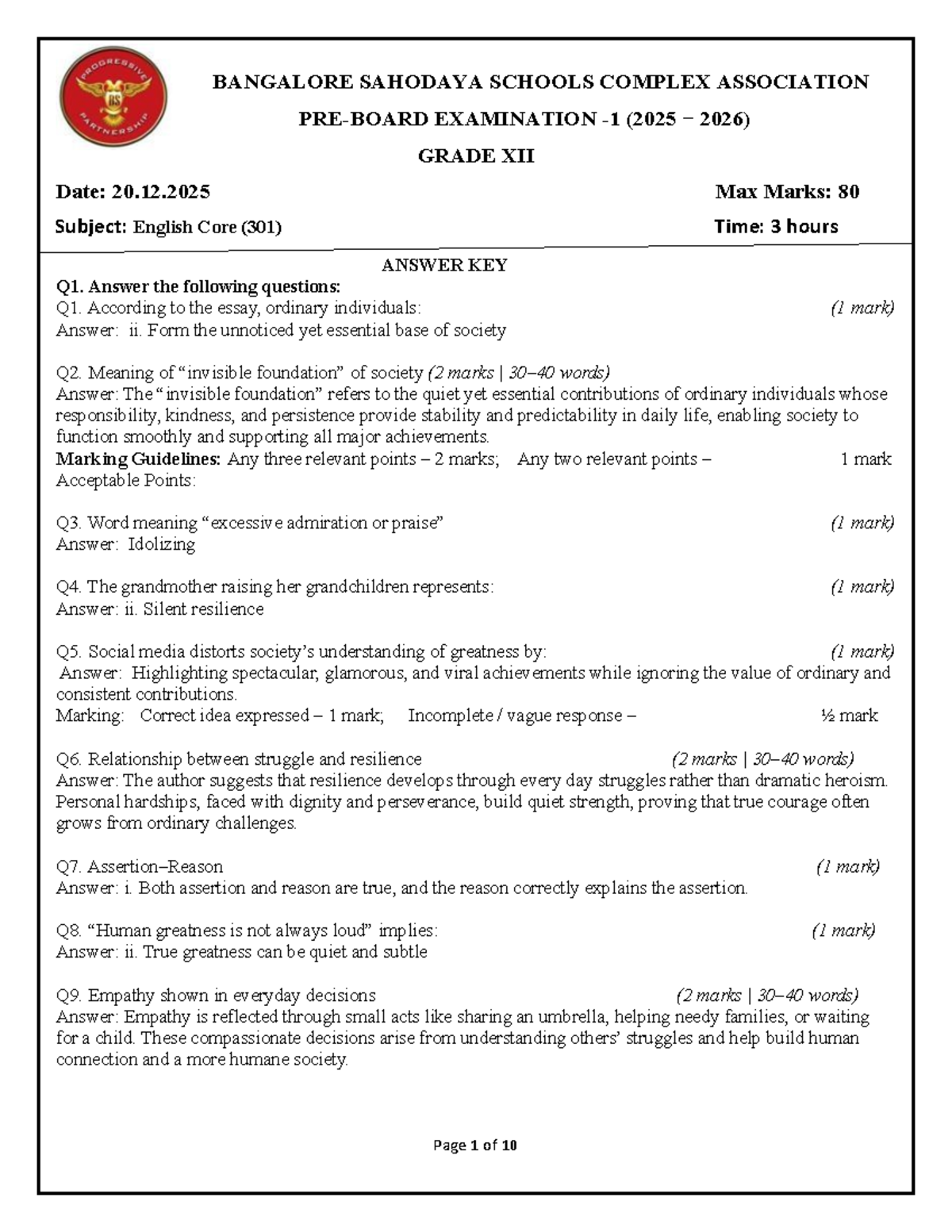 BANGALORE SAHODAYA SCHOOLS COMPLEX ENGLISH CORE (301) GRADE XII EXAM ...