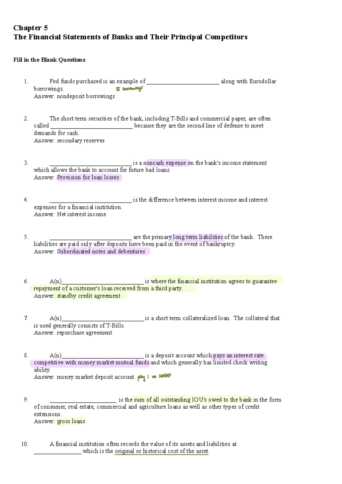 Chapter 5: Financial Statements of Banks - Fill in the Blank Questions ...
