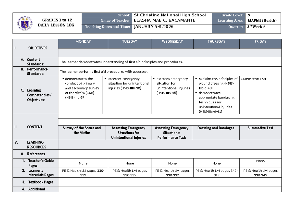 Daily Lesson Log (DLL) for MAPEH Health 9 - Week 1, Quarter 3 - Studocu