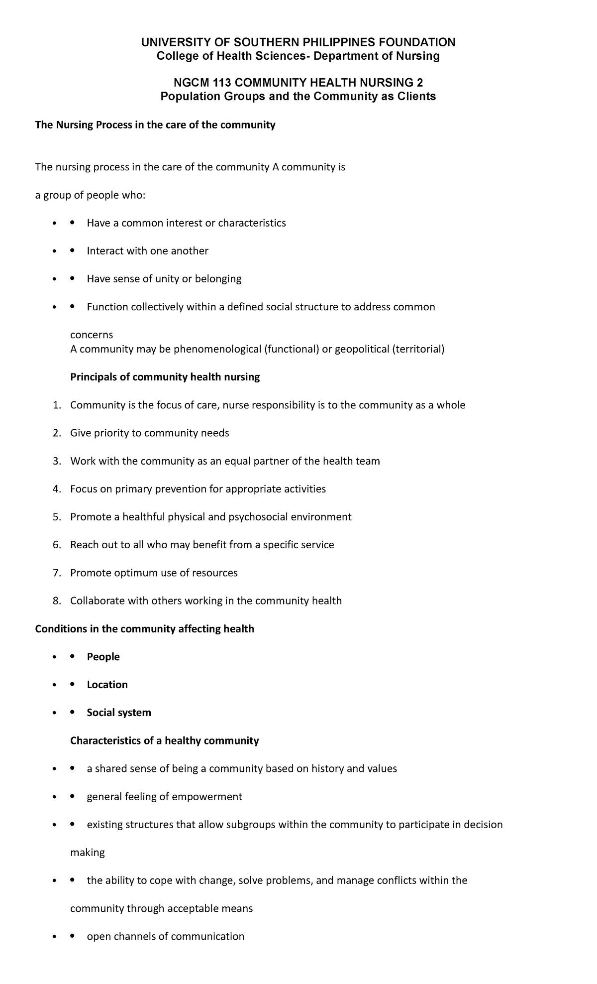 NGCM 113 Community Health Nursing Chapter 6: Focus on the Community ...