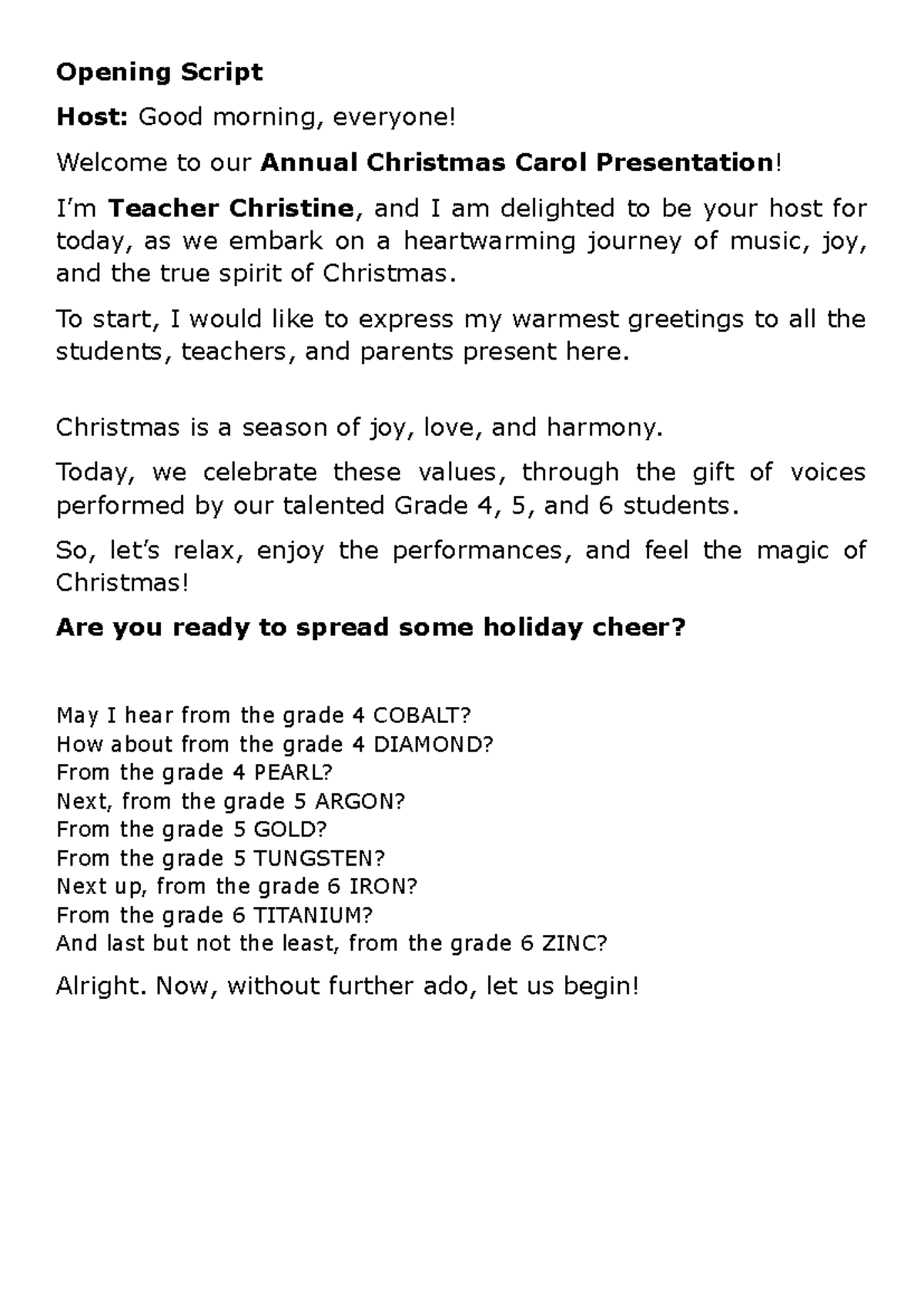Script for Christmas Carol Presentation: Grades 4-6 - Studocu