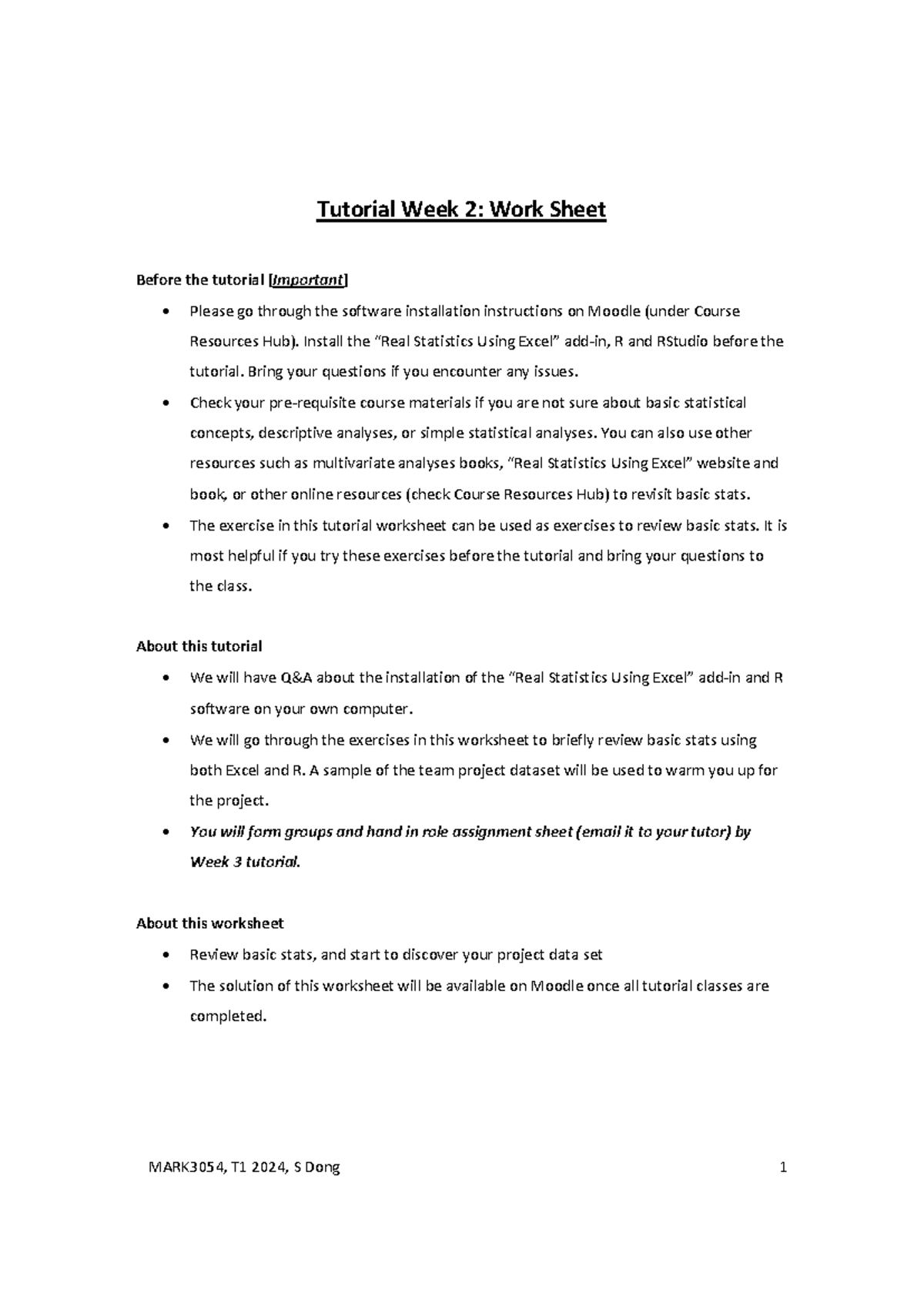 Tutorial Week 2 work sheet - Tutorial Week 2: Work Sheet Before the ...
