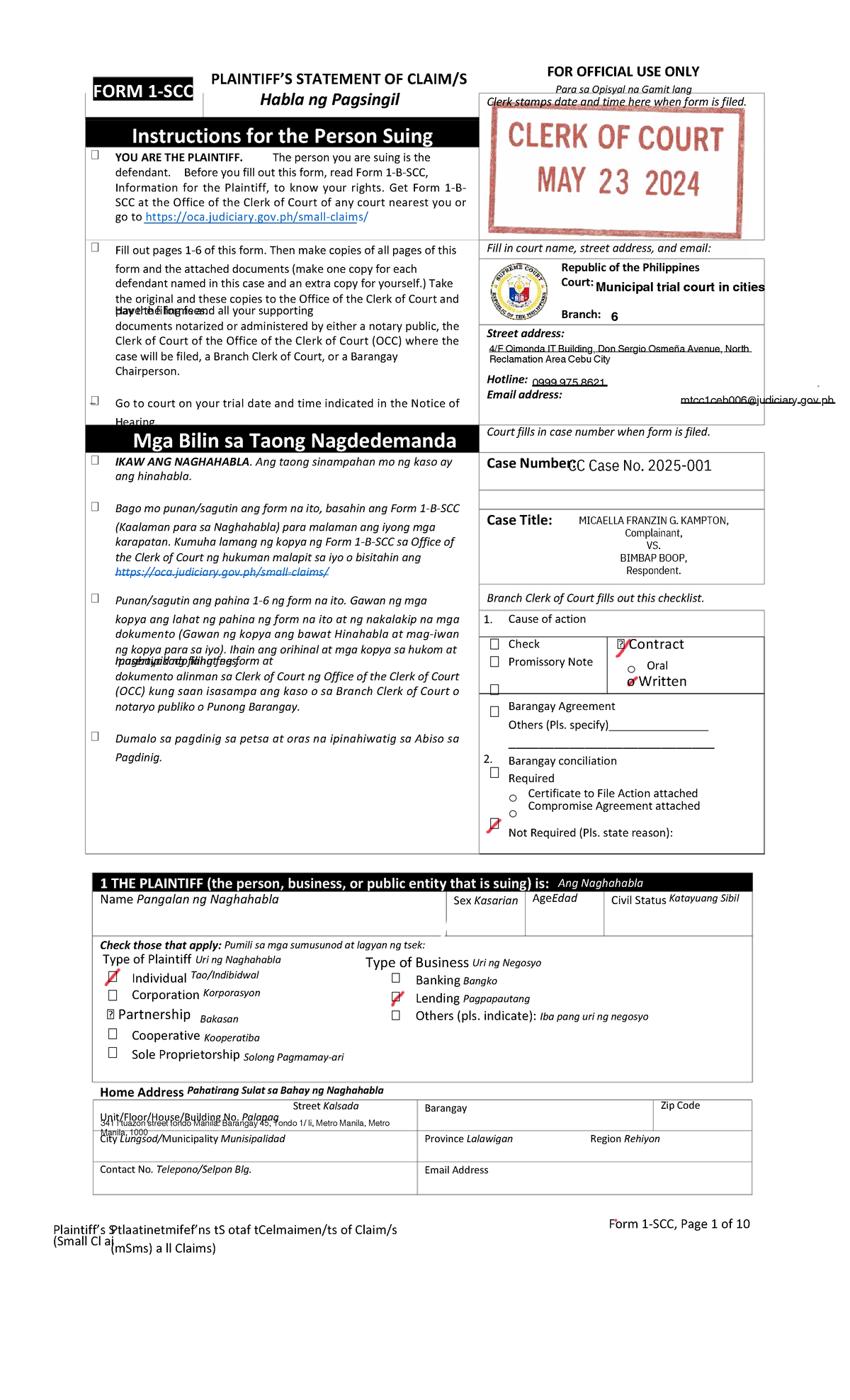 FORM 1-SCC: Small Claims Plaintiff's Statement of Claim and ...