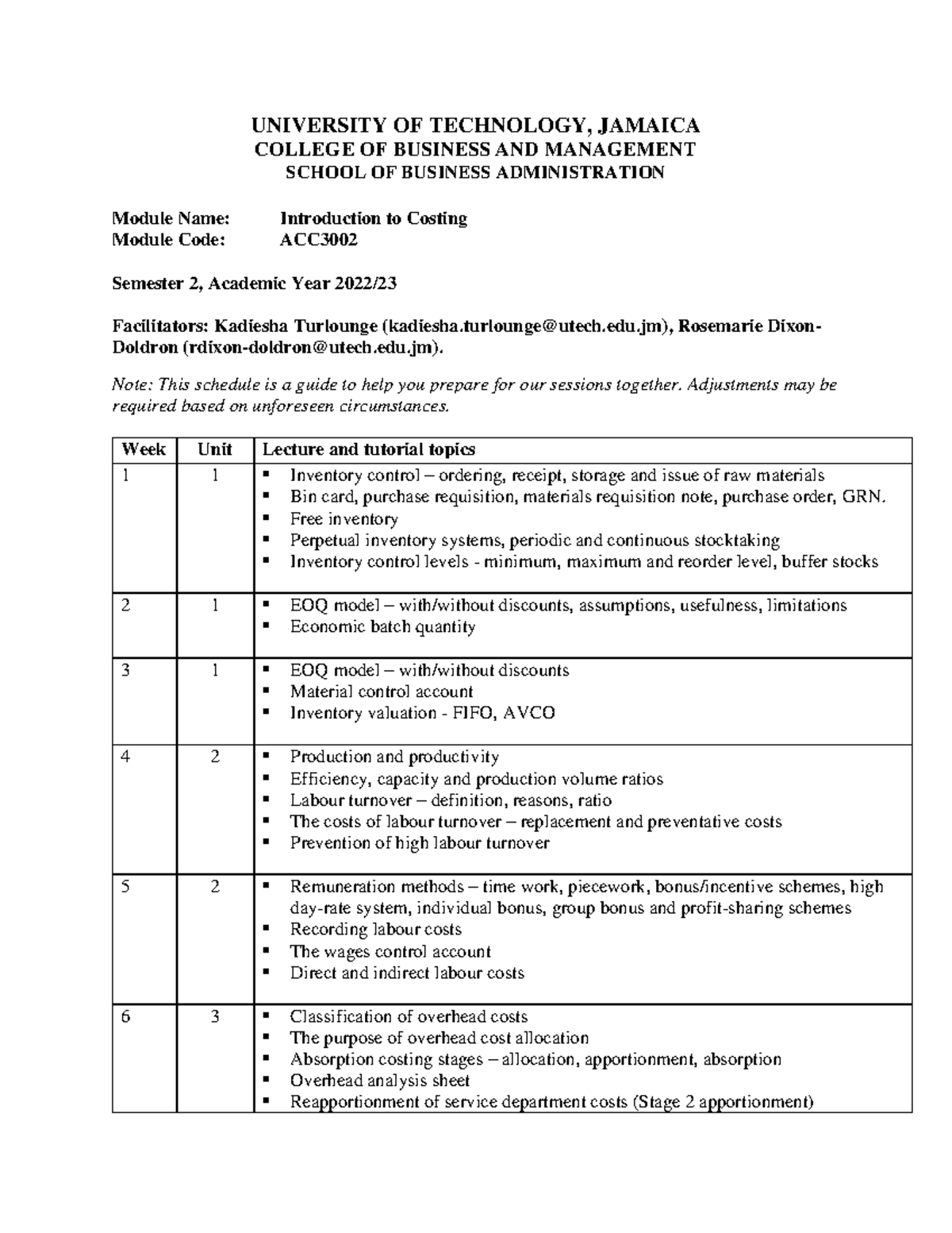 ACC3002 Course Schedule - Sem 2 - UNIVERSITY OF TECHNOLOGY, JAMAICA ...