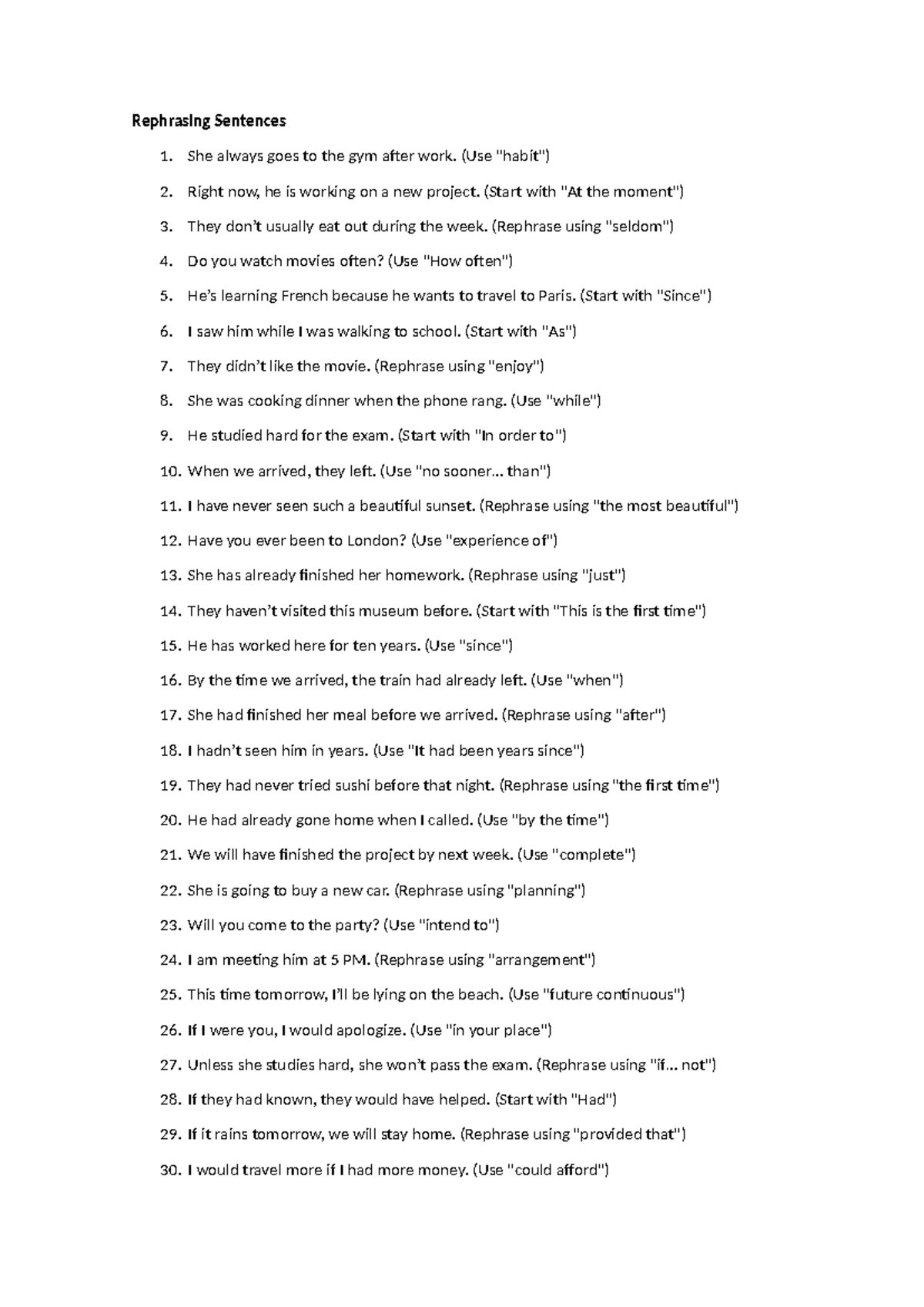 Rephrasing Sentences Guide - REPASO - Studocu