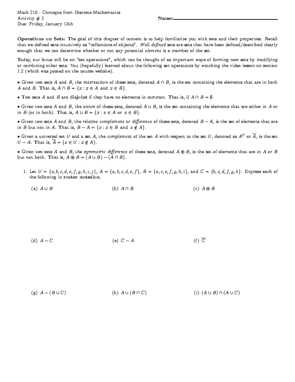Math 210: Activity 2 - Set Operations and Properties Spring 2023 - Studocu