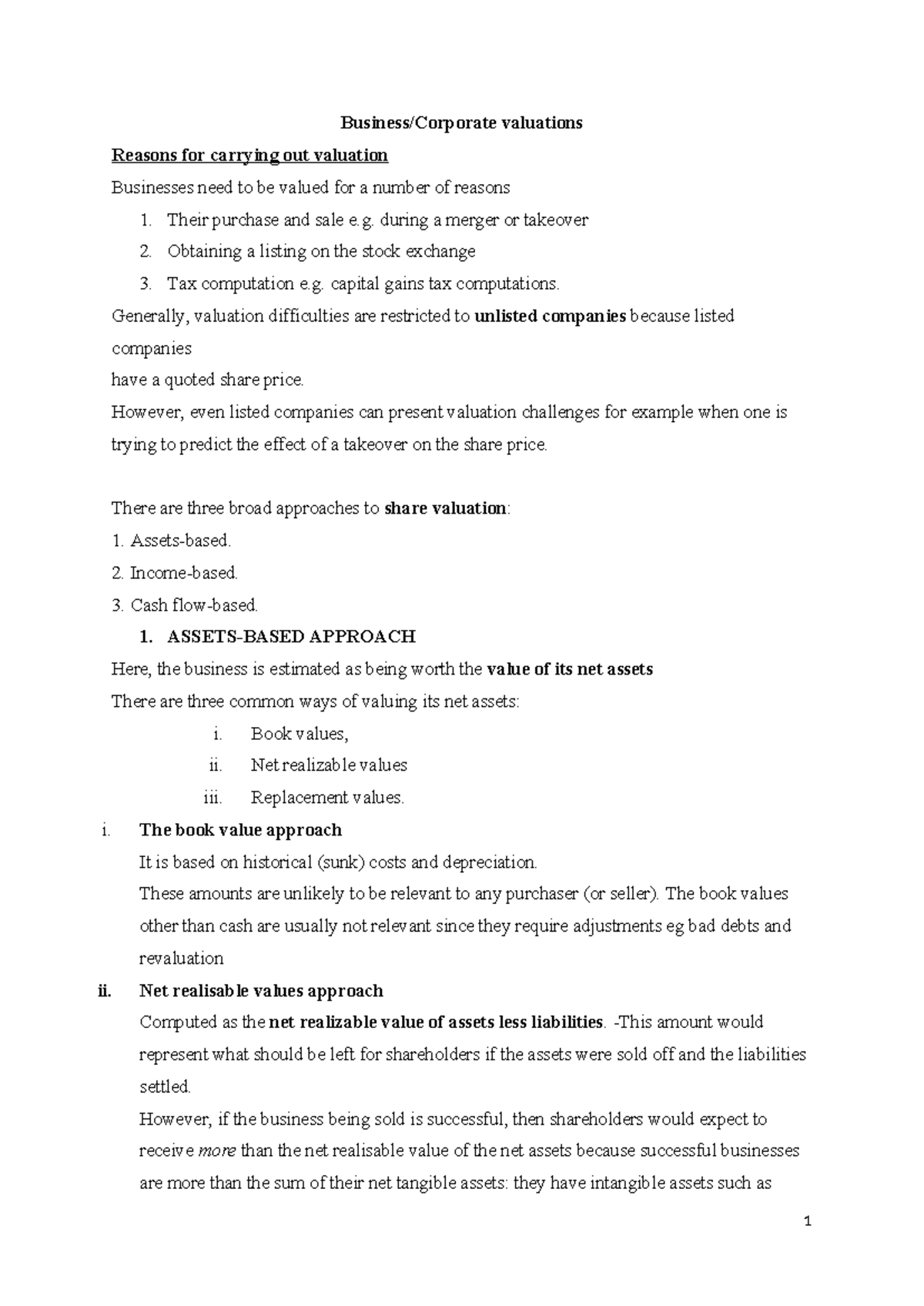 Business Valuation Insights and Key Approaches: Study Notes - Studocu