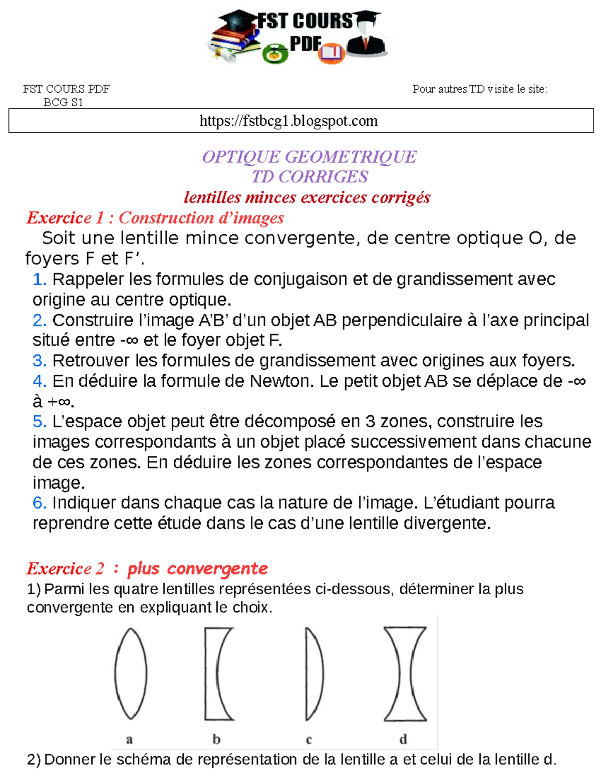Dioptres sphériques Exercices corrigés - FST COURS PDF BCG Pour autres TD visite le site: - Studocu