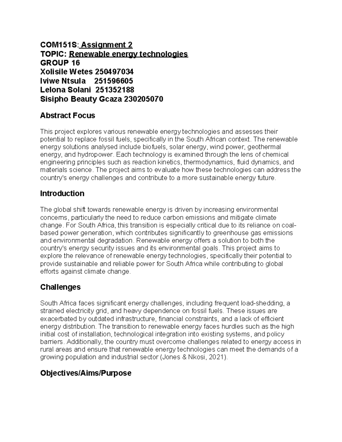 COM151S: Assignment 2 - Renewable Energy Technologies Analysis - Studocu