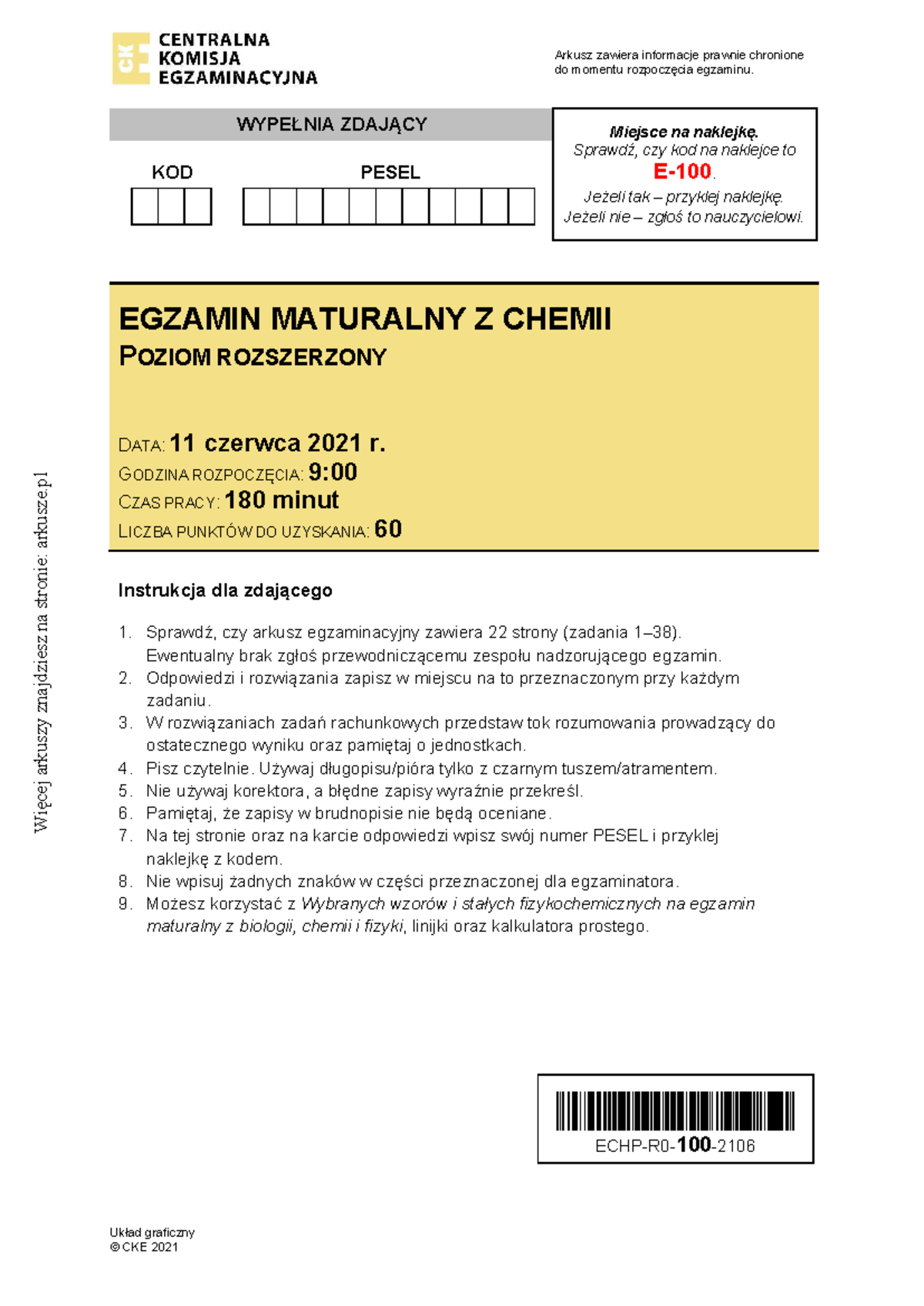 Chemia 2021: Matura Rozszerzona - Arkusz Egzaminacyjny - Studocu