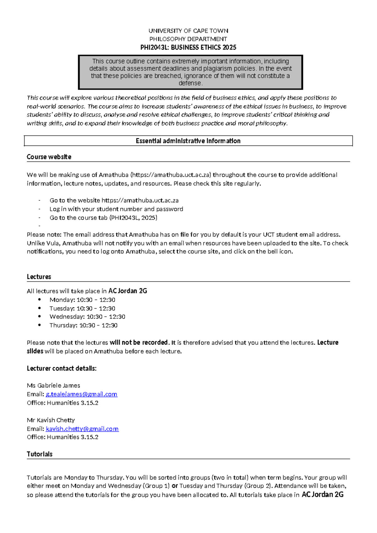 PHI2043L: Business Ethics Course Outline 2025 - UCT - Studocu