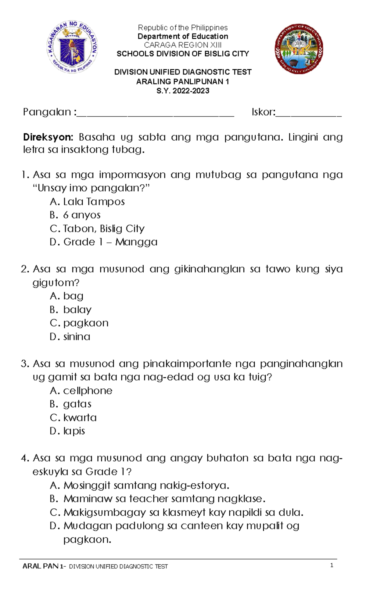 AP 1 Diagnostic Test - Republic of the Philippines Department of ...