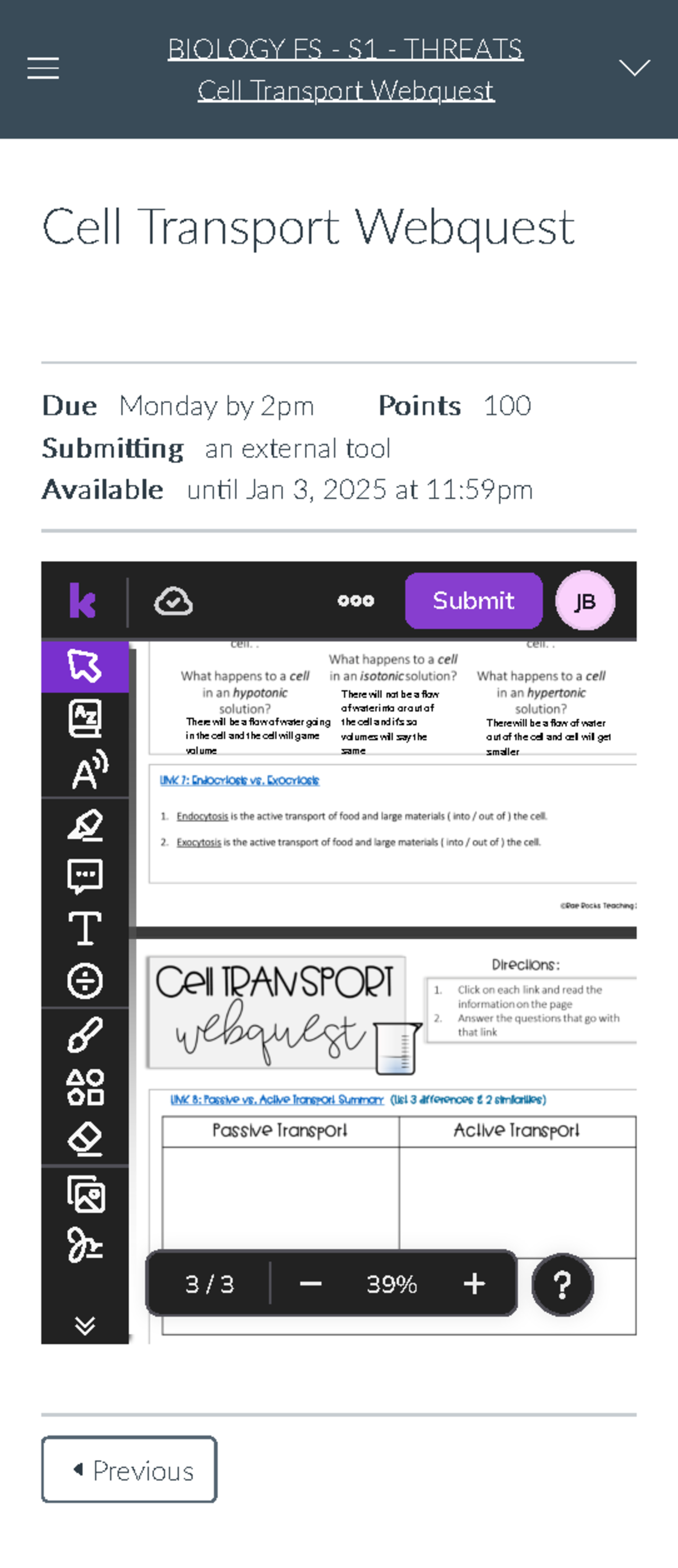 Cell Transport Webquest - BIOLOGY FS - S1 - THREATS Cell Transport ...