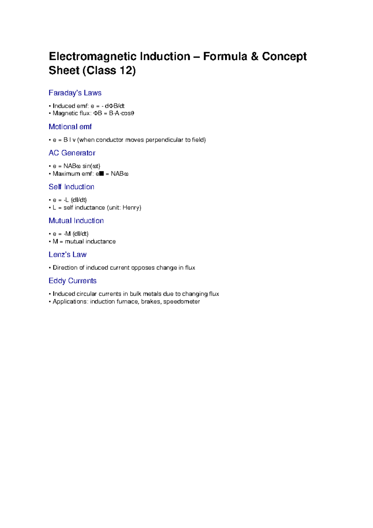 Electromagnetic Induction Formula Sheet - Electromagnetic Induction ...