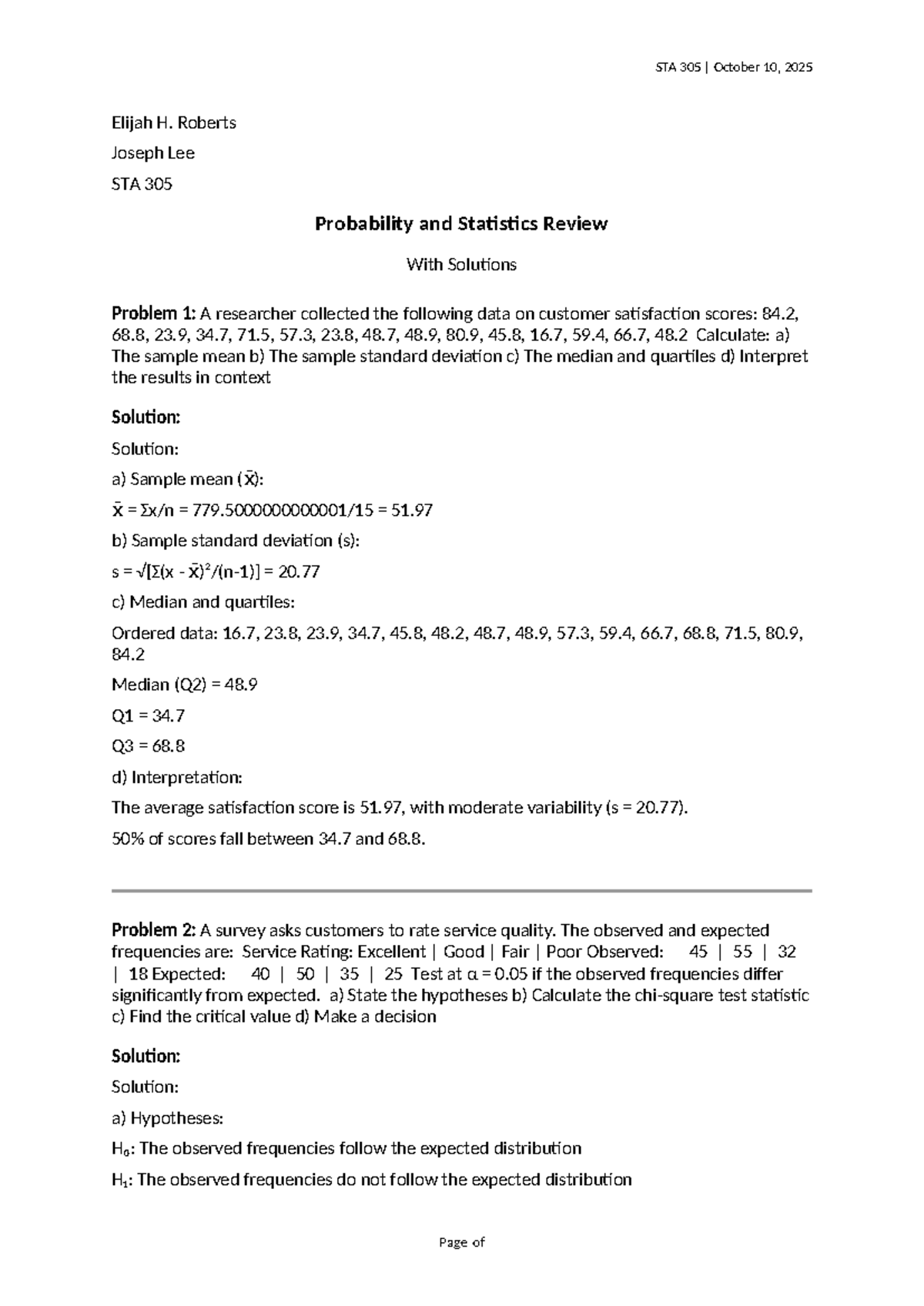 STA 305 Probability and Statistics Exam Solutions with Detailed Steps ...