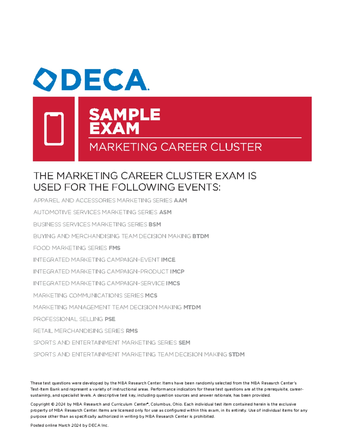 11-20 DECA Sample Exam - Marketing Cluster Practice Questions 2023-24 ...
