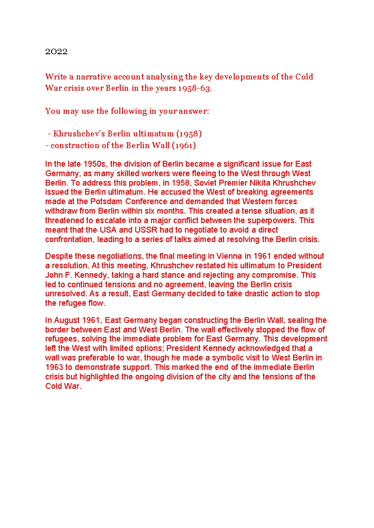 HIS 202 Final Exam Model Answers: Cold War Crisis in Berlin 1958-63 ...