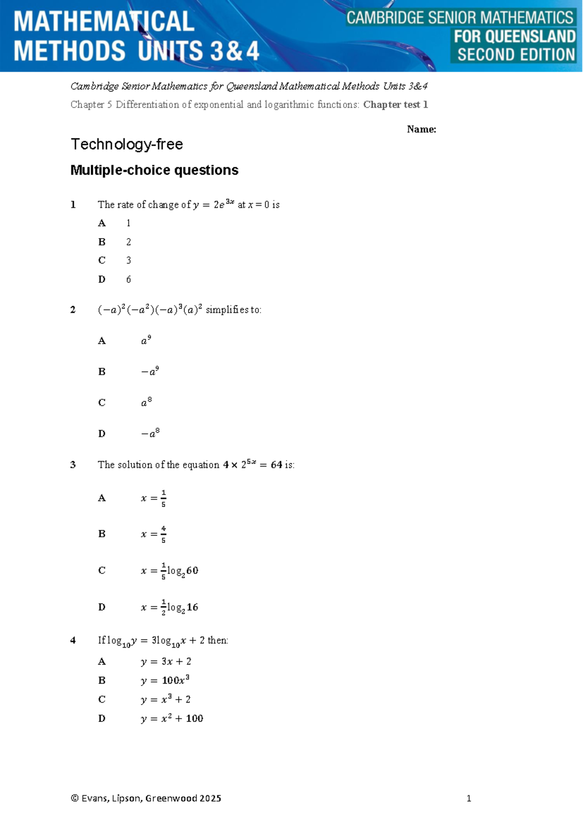 Mathematical Methods Units: Chapter 5 Differentiation Test 1 - Studocu