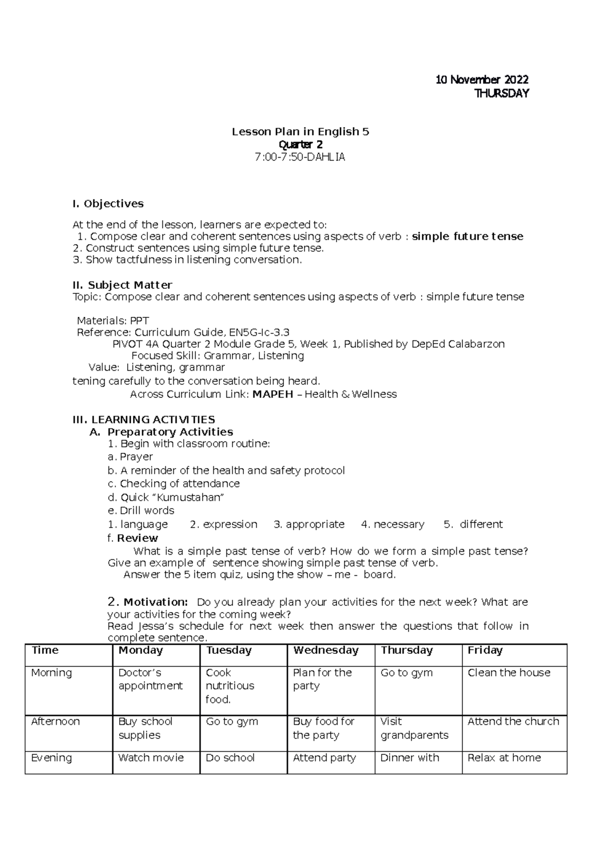 DLP-NOV.-9 Simple Future Tense - 10 November 2022 THURSDAY Lesson Plan ...