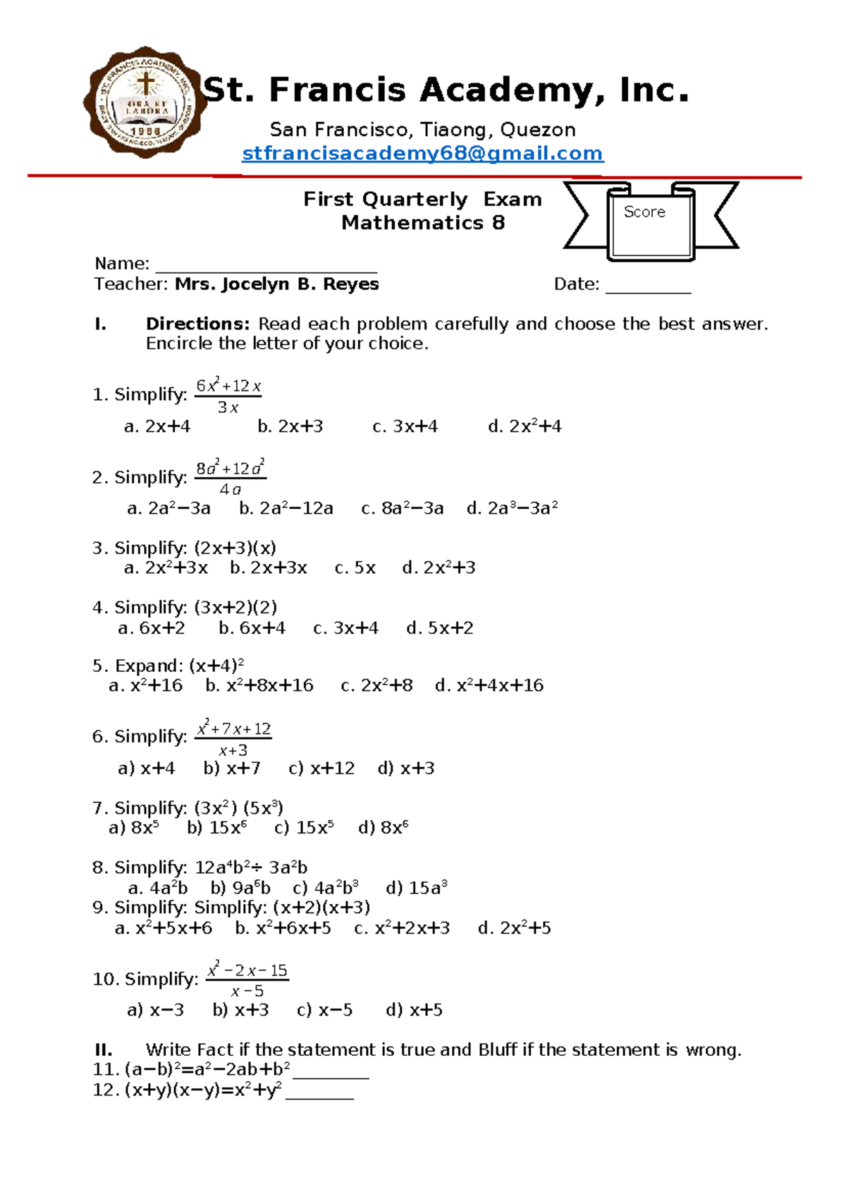 MATH 8 First Quarterly Exam Review - Simplification & Expansion - Studocu