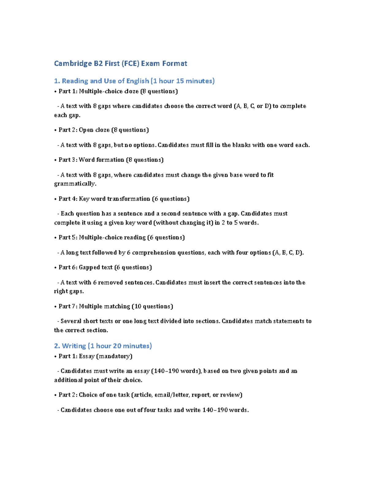 Cambridge B2 First (FCE) Exam Format Overview and Details - Studocu