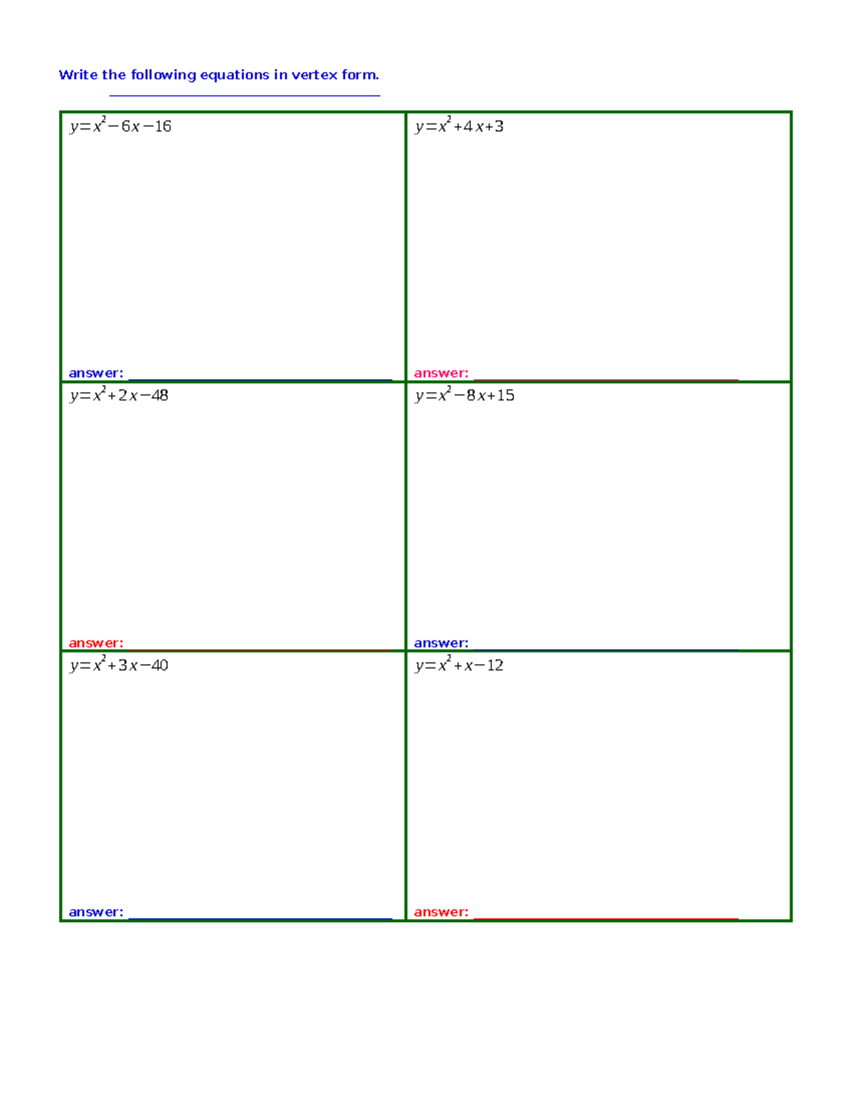 Parabola's equation - Mathematics - Write the following equations in ...