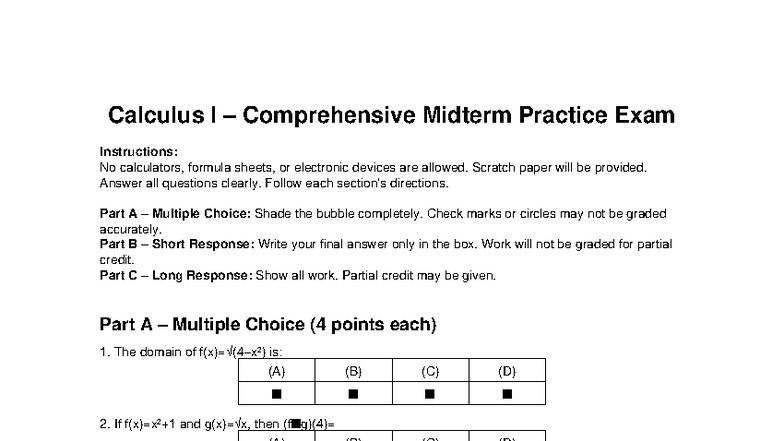 Calculus I Comprehensive Midterm Practice Exam Guide - Studocu