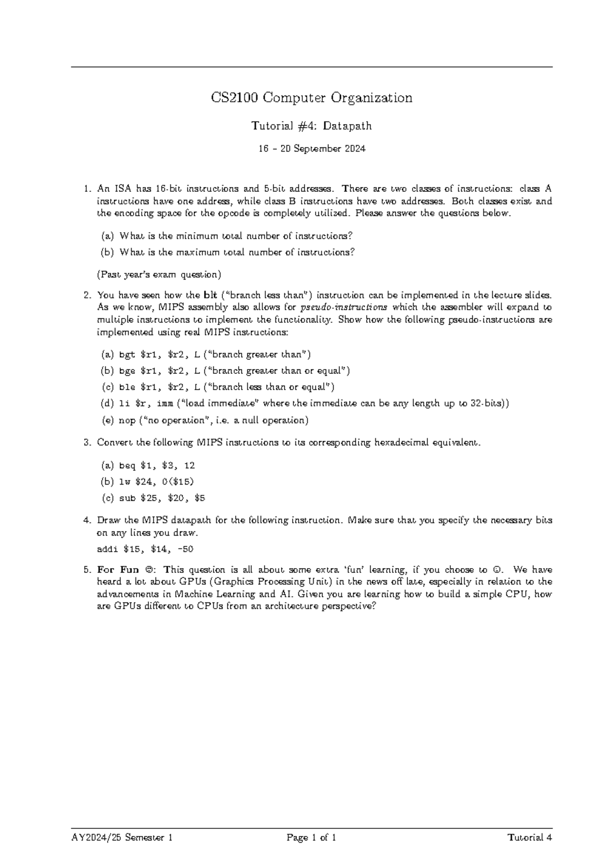 Tutorial 4 - CS2100 Computer Organization Tutorial #4: Datapath 16 – 20 ...