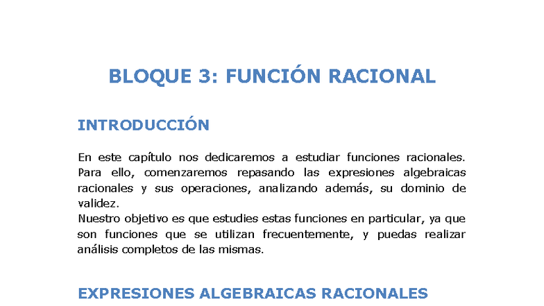 BLOQUE 3: FUNCIONES RACIONALES Y SU ANÁLISIS - Studocu