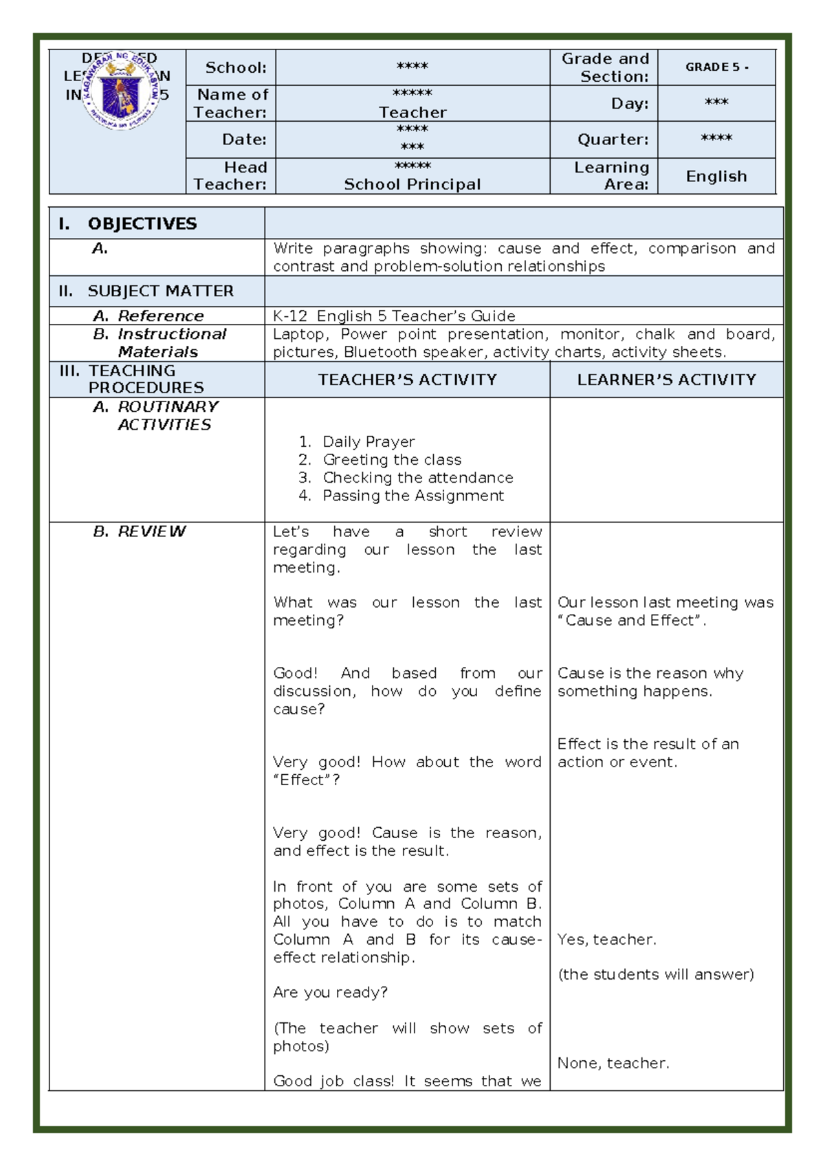 585876336 Detailed Lesson Plan in English 5 - DETAILED LESSON PLAN IN ...