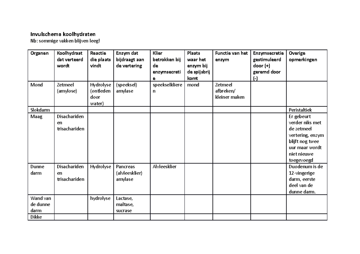 Koolhydraatverdeling en Enzymen - Invulschema en Functies - Studeersnel