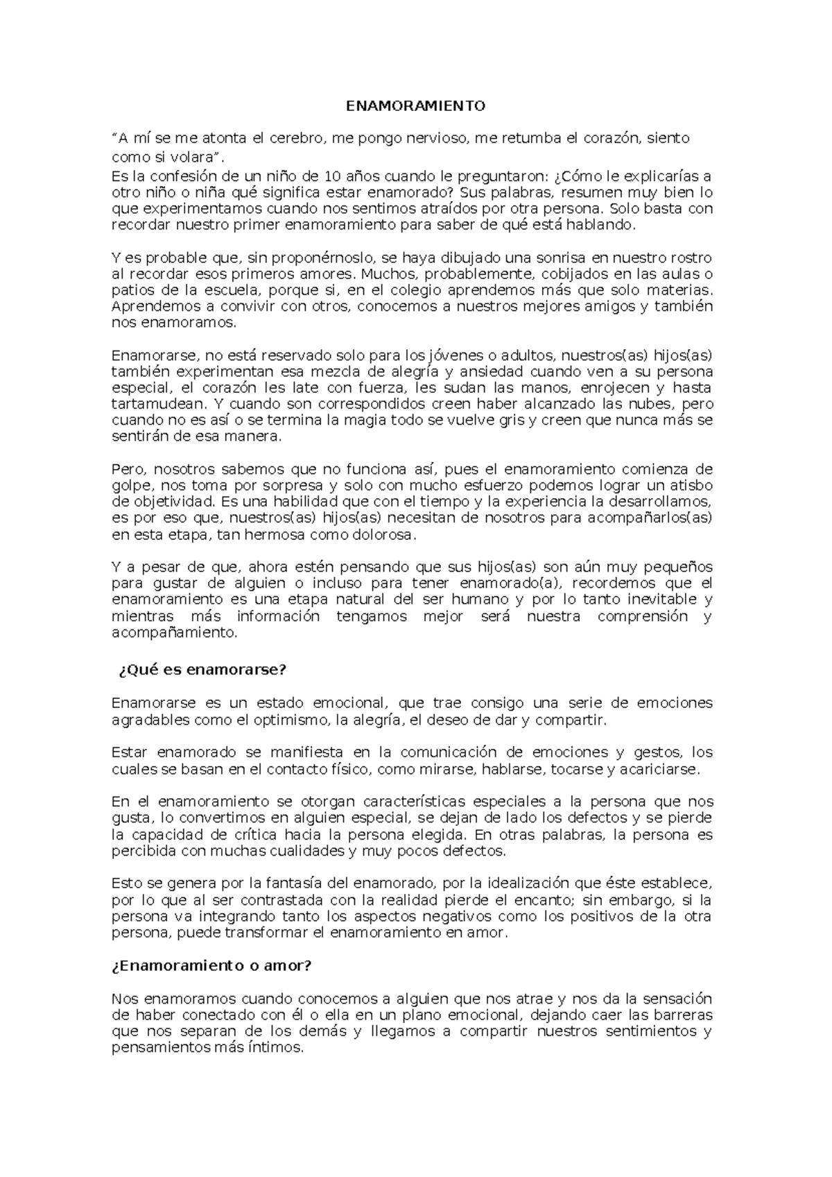 Enamoramiento - texto - ENAMORAMIENTO “A mí se me atonta el cerebro, me ...